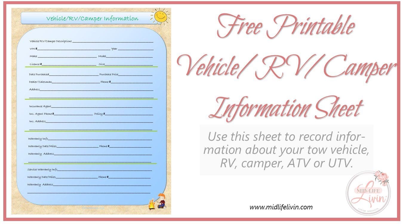 Free Printable - Vehicle/RV/Camper Information Sheet - Mid-Life Livin'